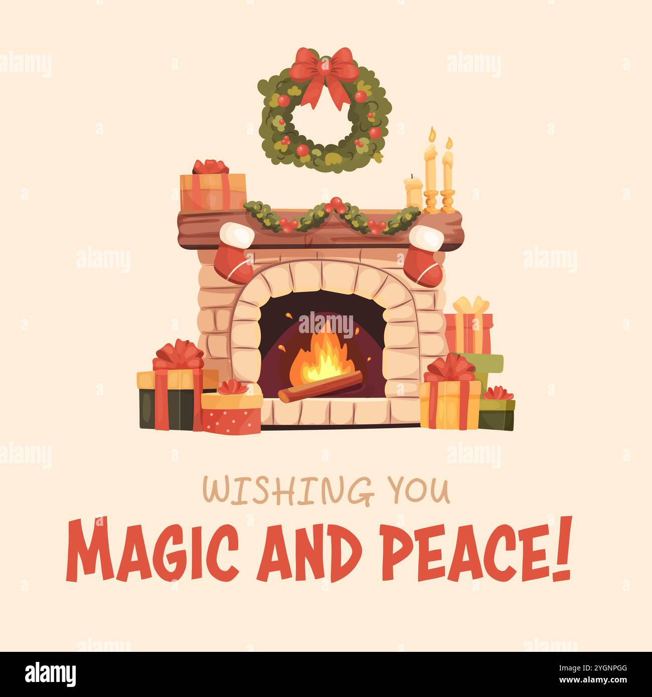 Mantel with socks and gifts greeting card in cartoon style, Christmas ...