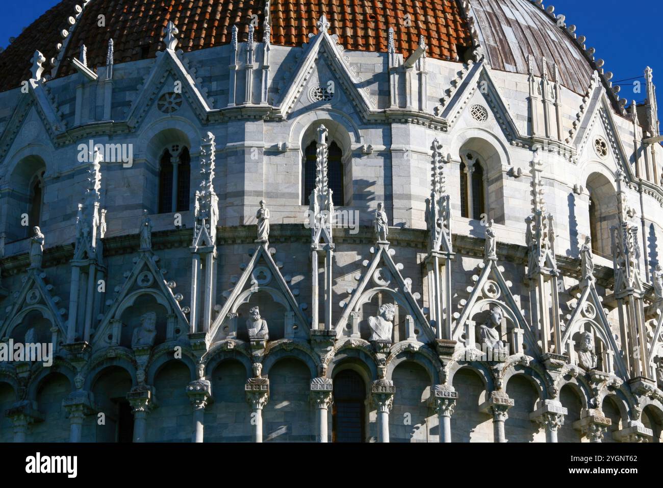 Close up view of the baptistery of pisa, highlighting detailed statues ...