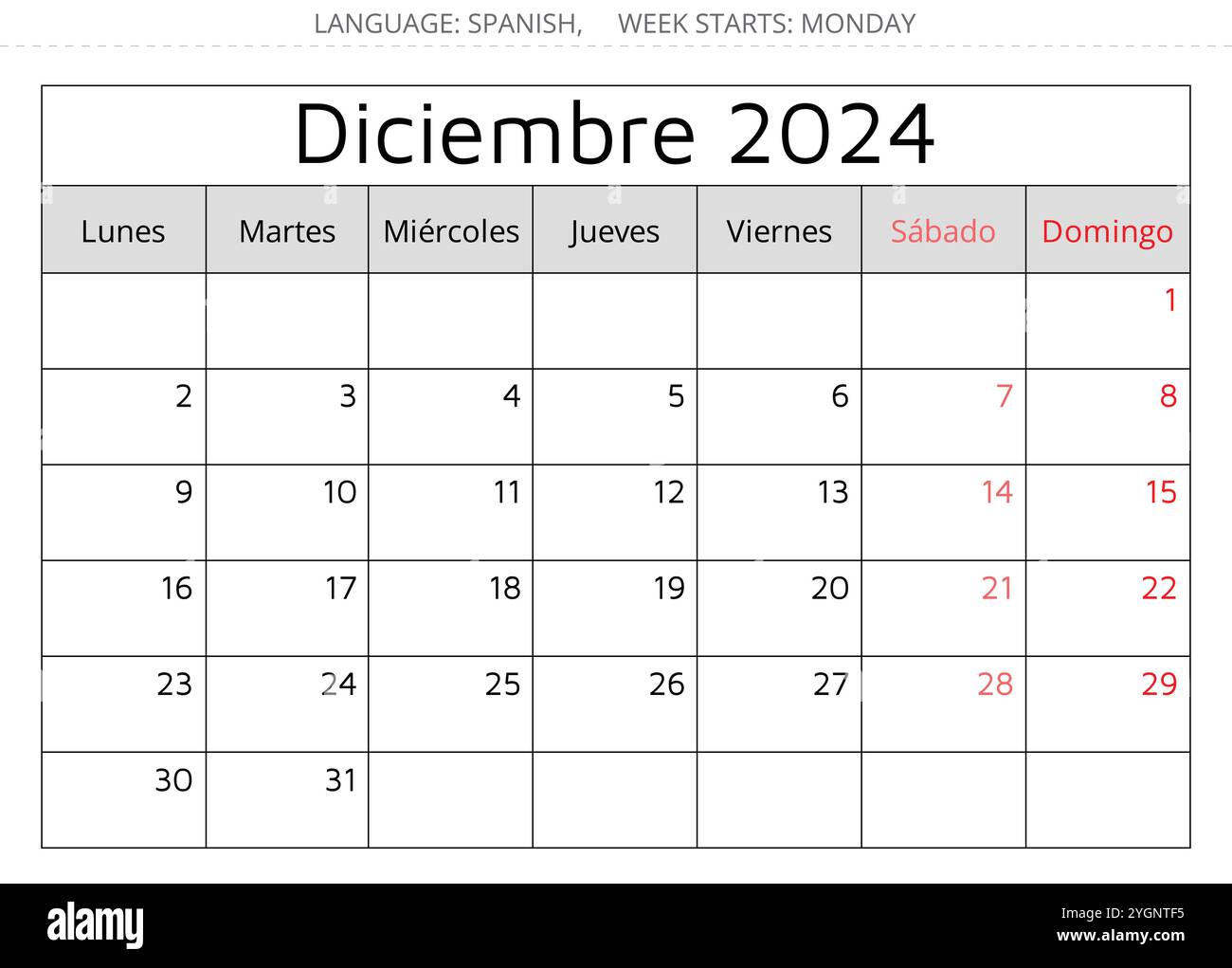 December 2024 SPANISH calendar - Diciembre. Vector illustration ...