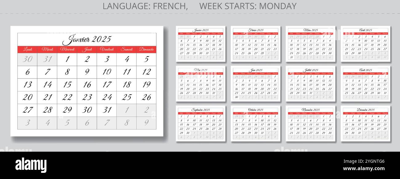 French calendar pages for 2025. Vector illustrations in the form of ...