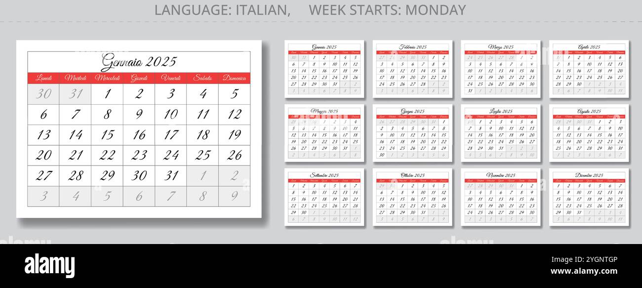 2025 year Italian calendars. Paper pages of 12 months. Vector ...