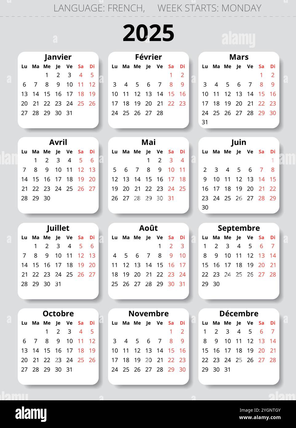 2025 FRENCH calendar. Vector illustration for France. 12 months year ...
