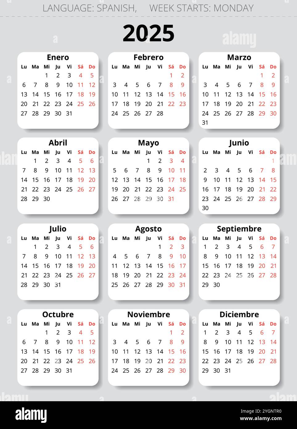 Spanish 2025 year annual business monthly calendar. Printable vector illustration for Spain ...