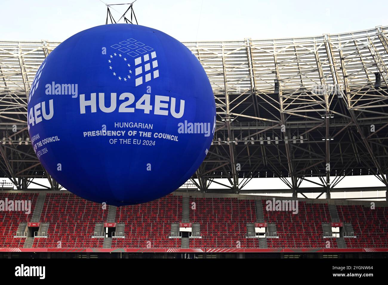 A giant balloon hangs over spectator stands during an EU Summit at the ...