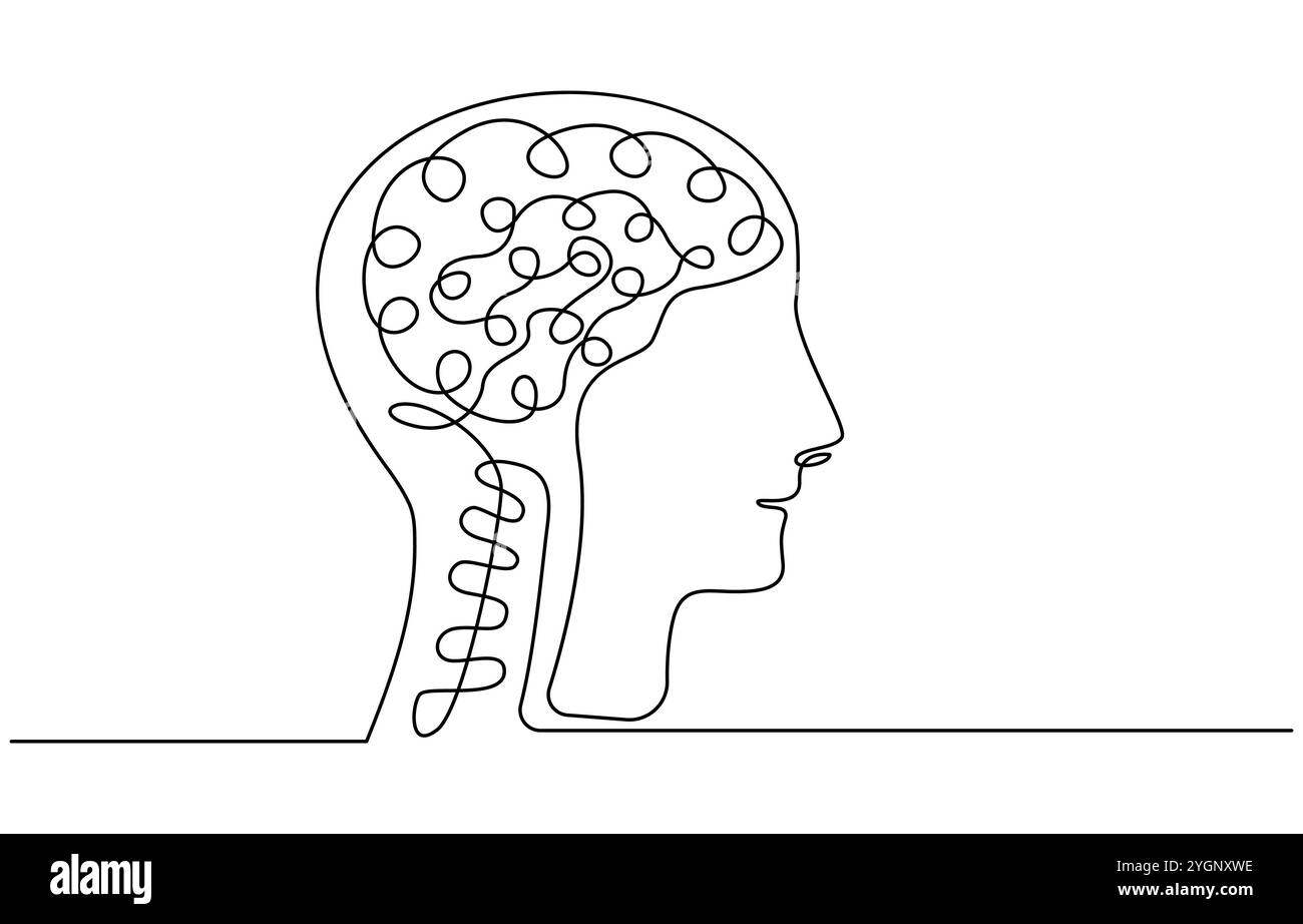 Continuous one line drawing of human brain. Hand drawn minimalism style ...