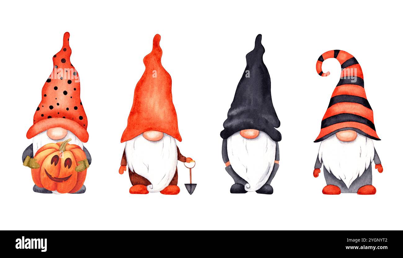 Set of cute Halloween gnomes. Watercolor hand drawn illustration on ...