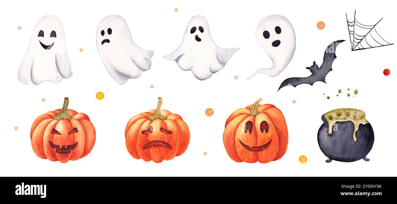 Watercolor halloween set. Ghosts, pumpkins, cobweb, bats. Hand drawn ...