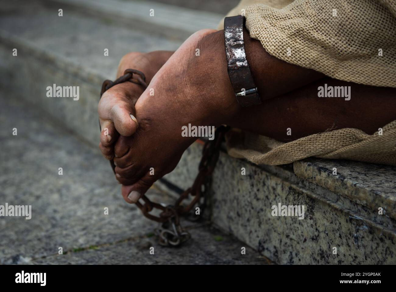 Detail of the chained feet of a black woman in Pelourinho. Slavery in ...