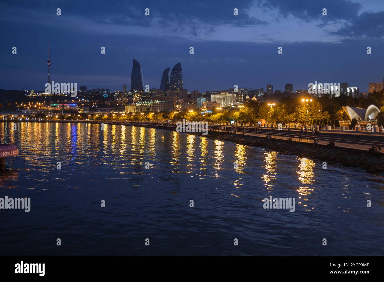 Baku, Azerbaijan. View looking towards the Flame towers at dusk. Baku ...