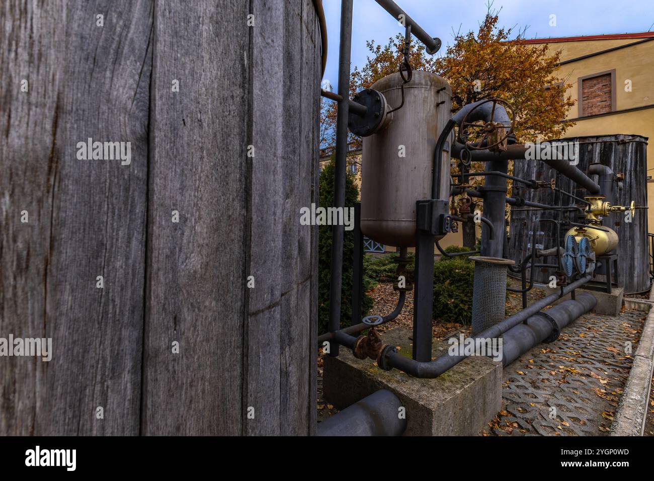 A museum exhibit, an old production line for producing beer from hops ...