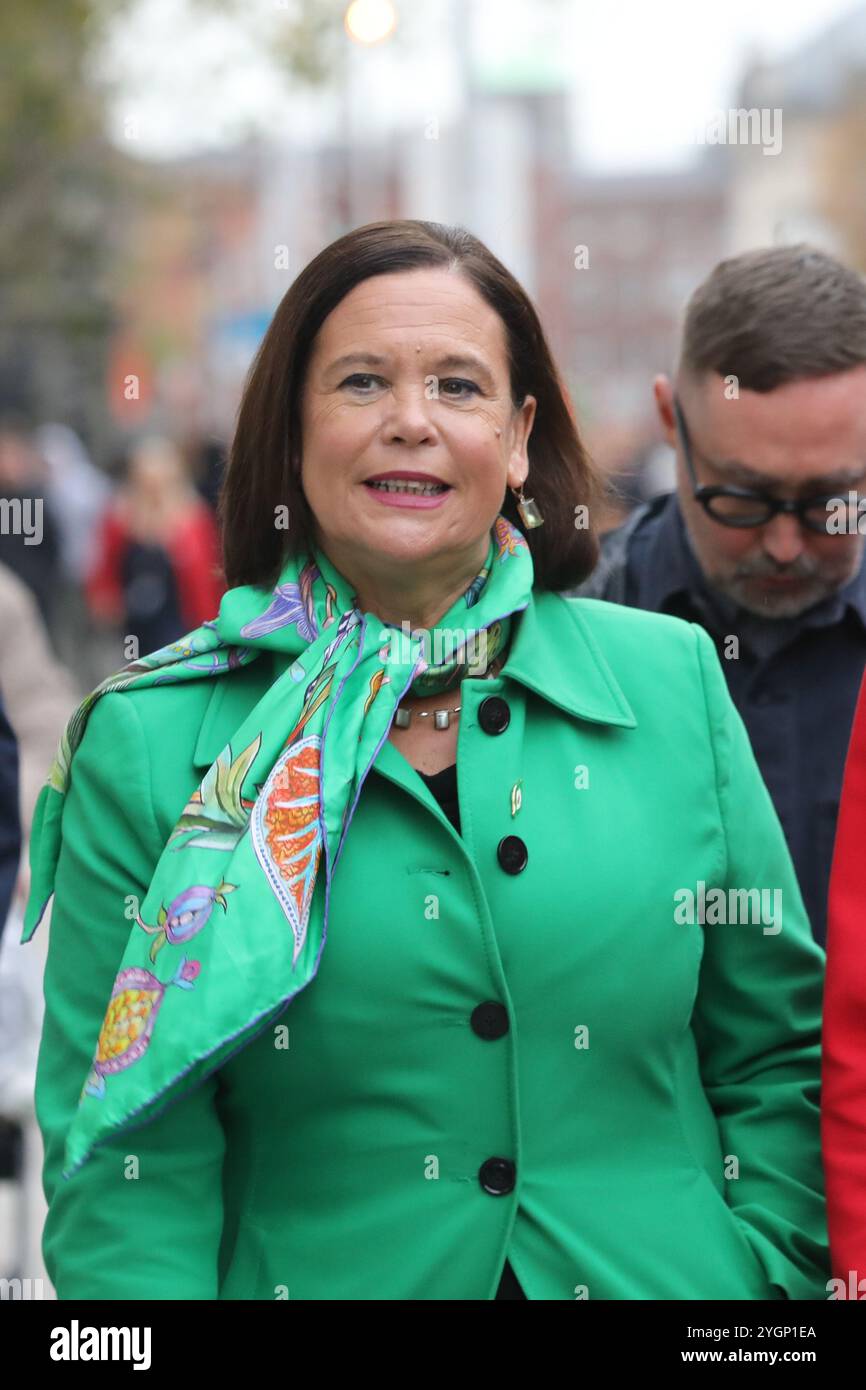 Sinn Fein President Mary Lou McDonald arrives to speak to the media on ...