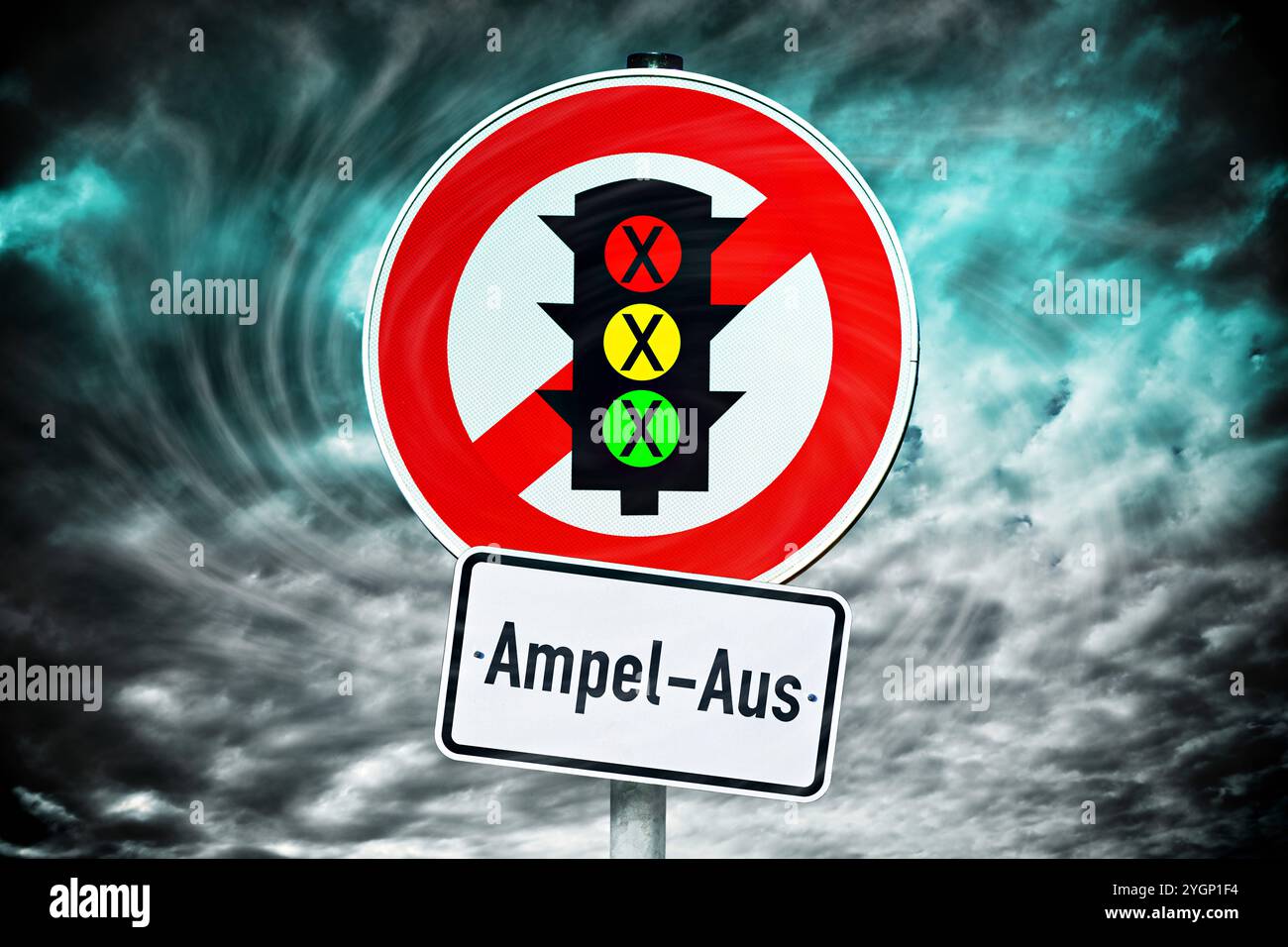 FOTOMONTAGE, Schild mit Aufschrift Ampel-Aus und Schild mit ...