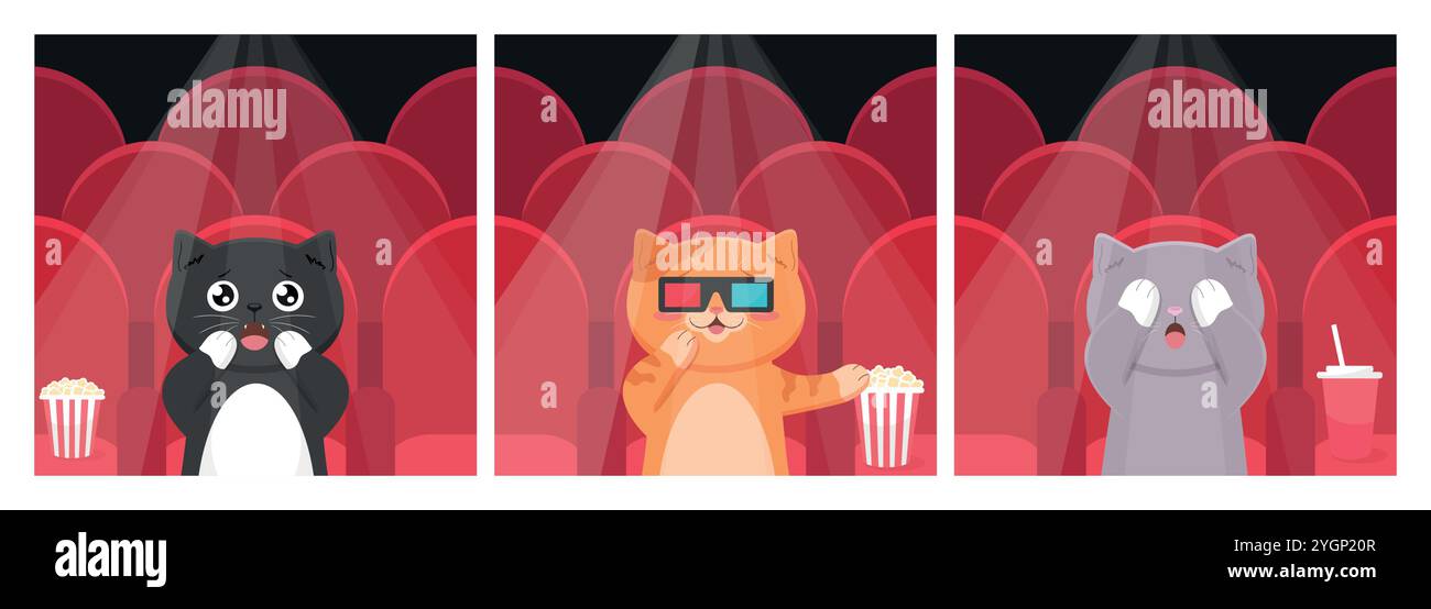 Cute cartoon cats sitting in movie theater. Cats watching a movie in ...