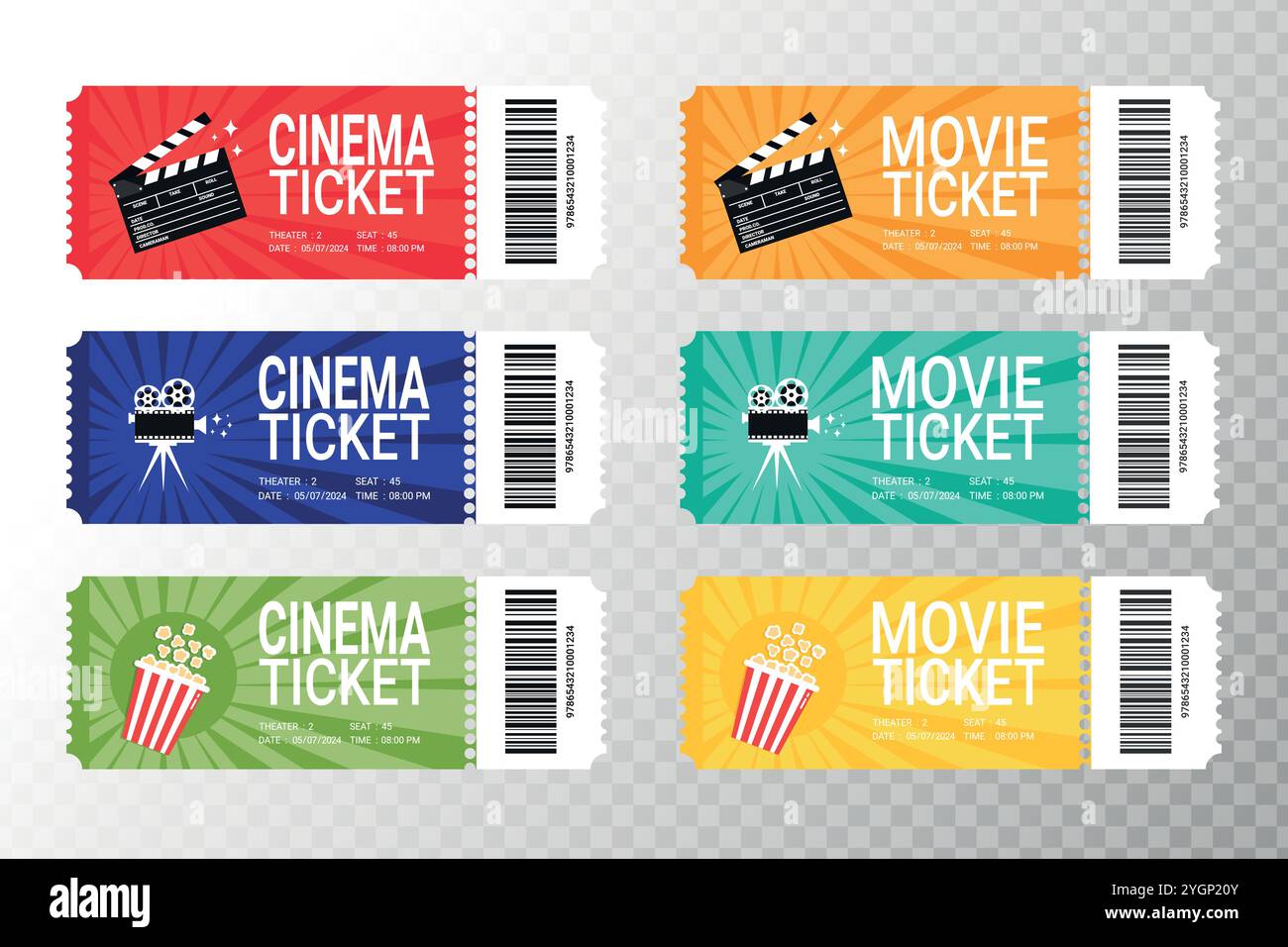 Modern movie or cinema tickets design set. Front view with barcode ...