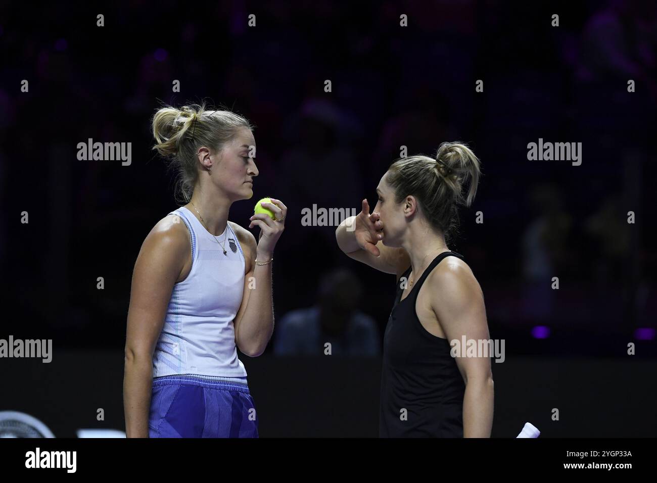 Canada's Gabriela Dabrowski, right, and New Zealand's Erin Routliffe react during their women's ...