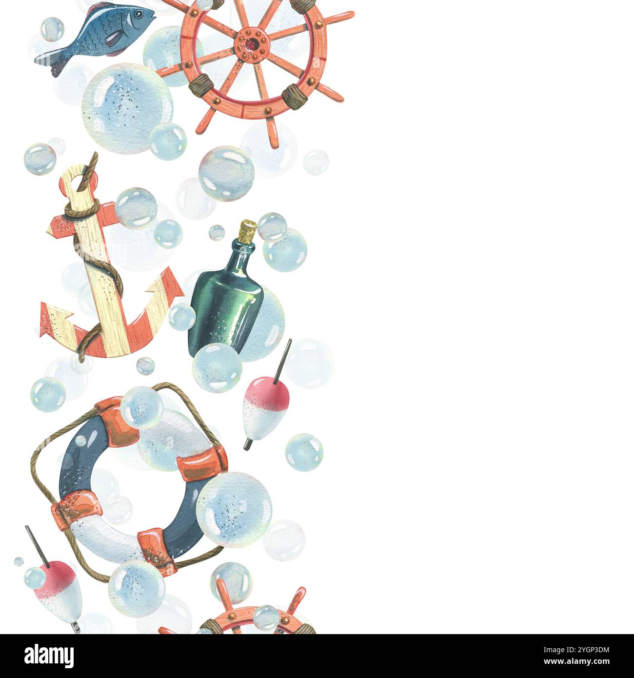 Anchor, ship's wheel, lifebuoy, float fishing float with fish and ...