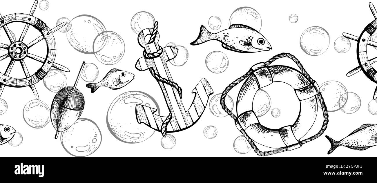 Anchor, ship s wheel, lifebuoy, fishing float with fish and bubbles ...