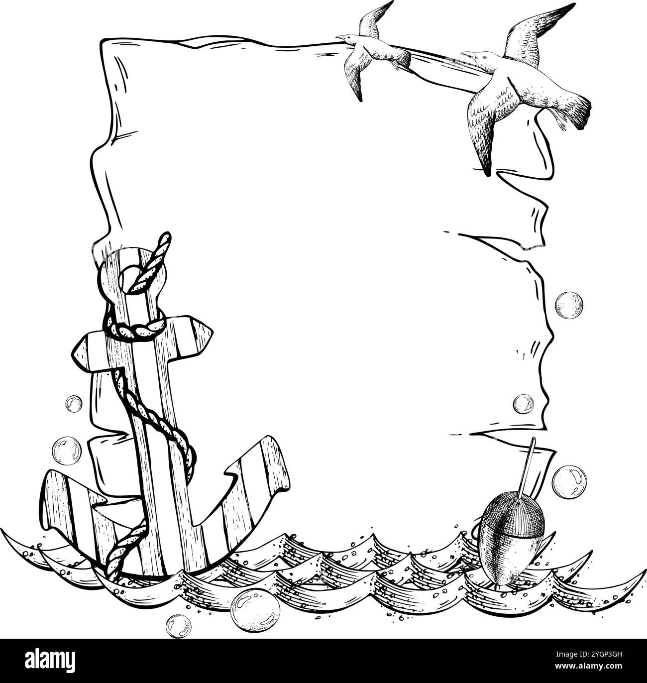 Wooden striped anchor with rope on sea waves with fishing float ...