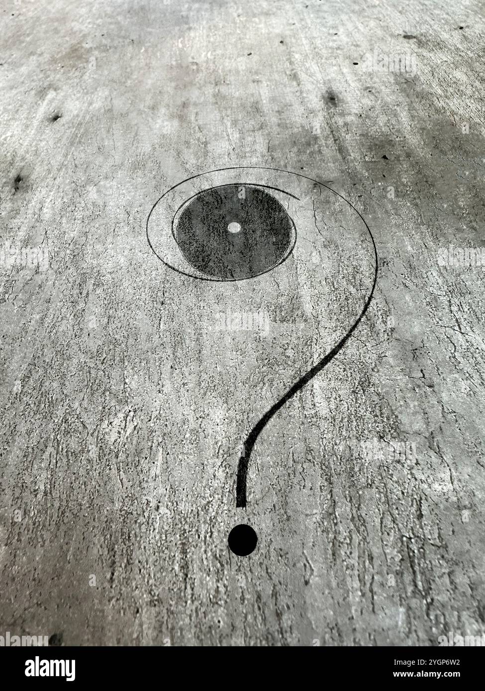 See question mark bullseye on walk or floor ahead. Wonder & ask moving ...