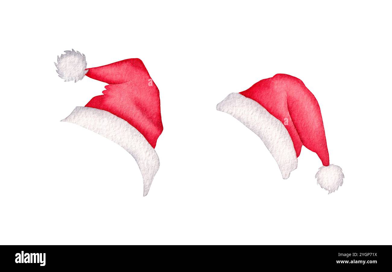 Watercolor set of red Santa Claus hats Stock Photo - Alamy