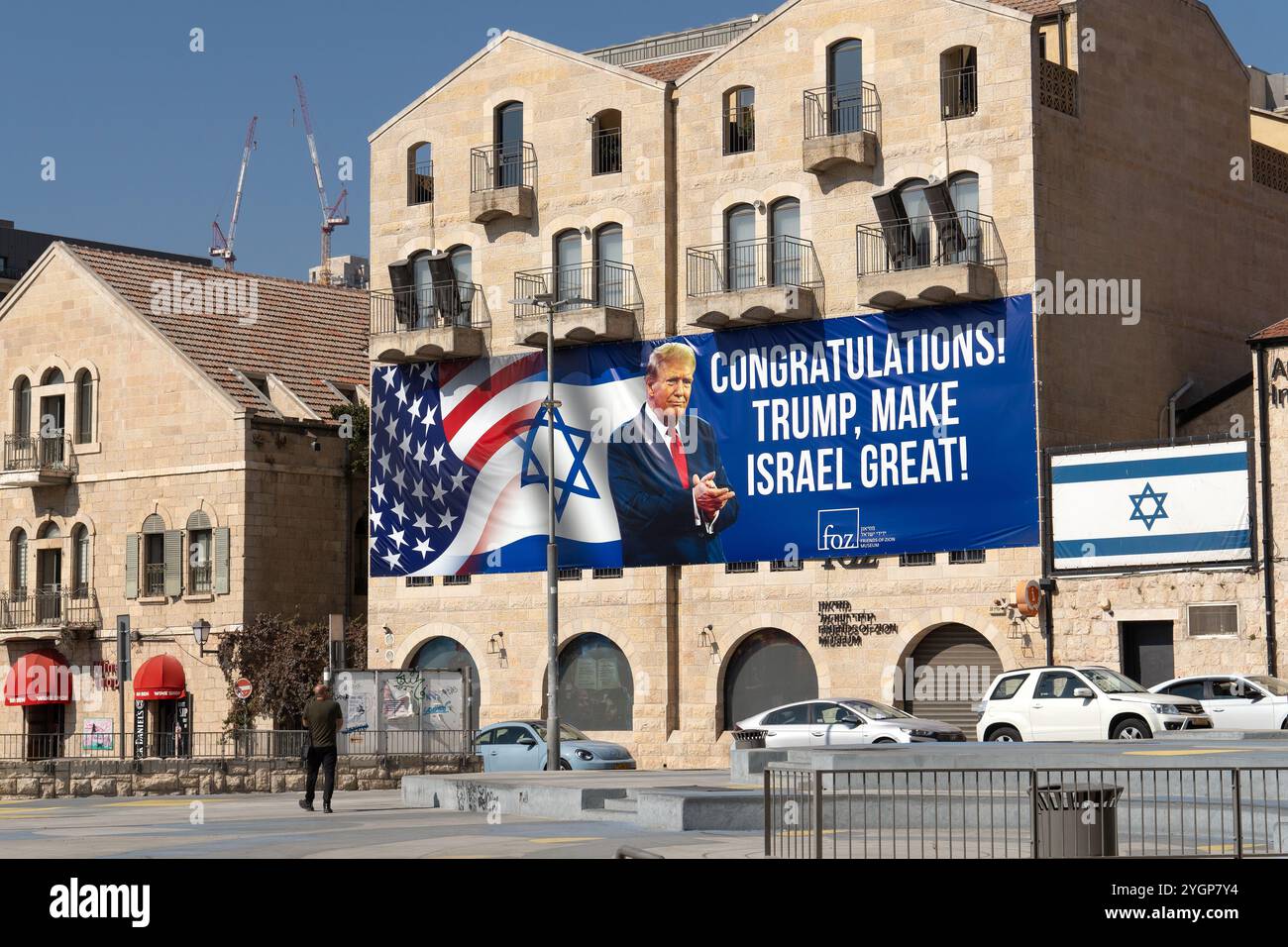 Jerusalem, Israel-November 8, 2024. Banner with Donald Trump ...
