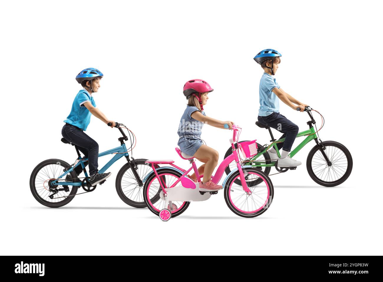 Group of kids riding bicycles isolated on white background Stock Photo ...