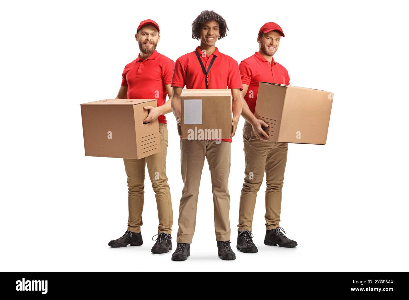 Delivery men with cardboard boxes isolated on white background Stock ...