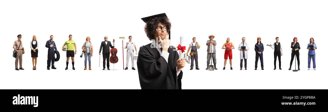 Graduate student thinking of different professions isolated on white ...