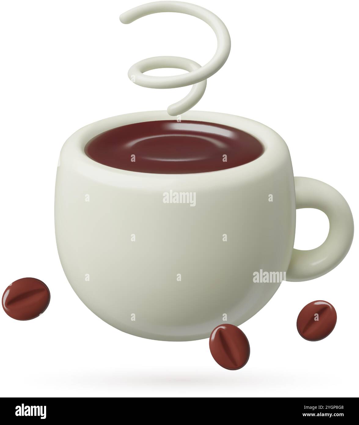Coffee cup with flying beans 3d emoji. Cute white mug with black hot ...