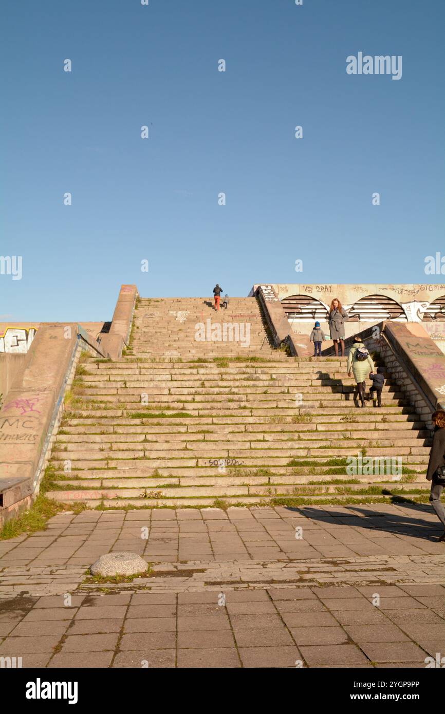 People exploring Linnahall the former multi-purpose venue in Tallinn ...