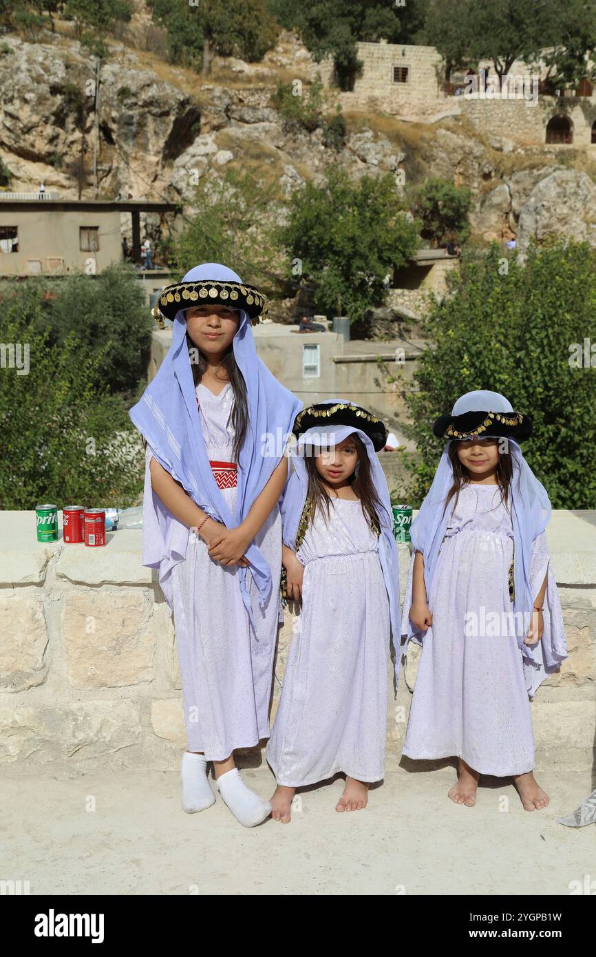 Yazidi girls at the holy mountain temple of Lalish in Iraq Stock Photo ...
