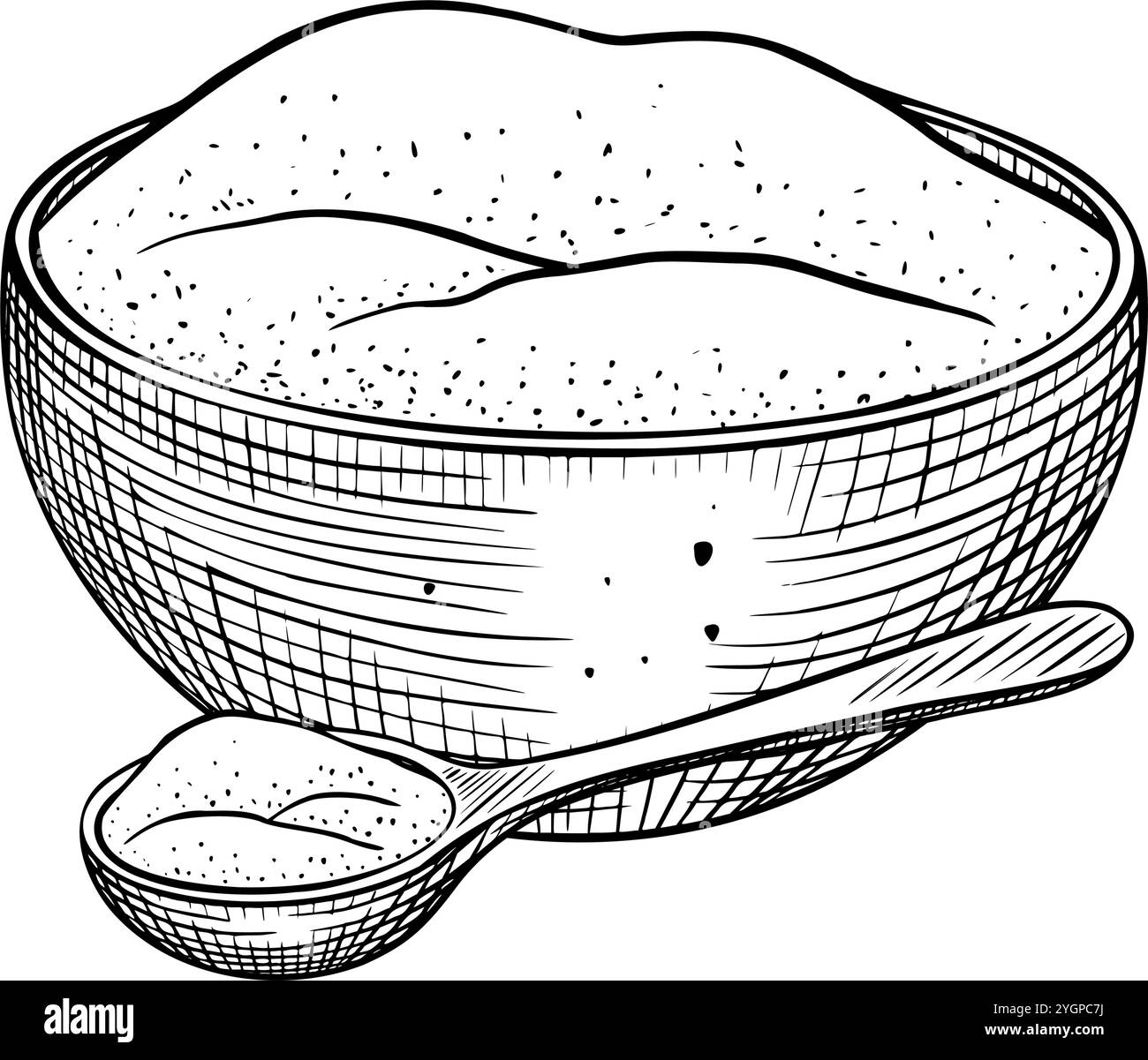 Bowl and spoon of Flour vector illustration. Drawing of dish with curd ...