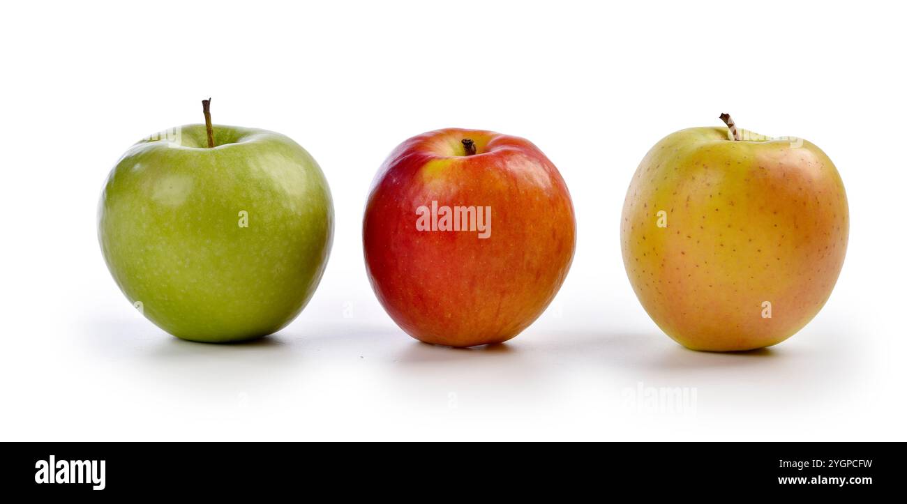 Three apples in a row of different colors with a white background Stock ...