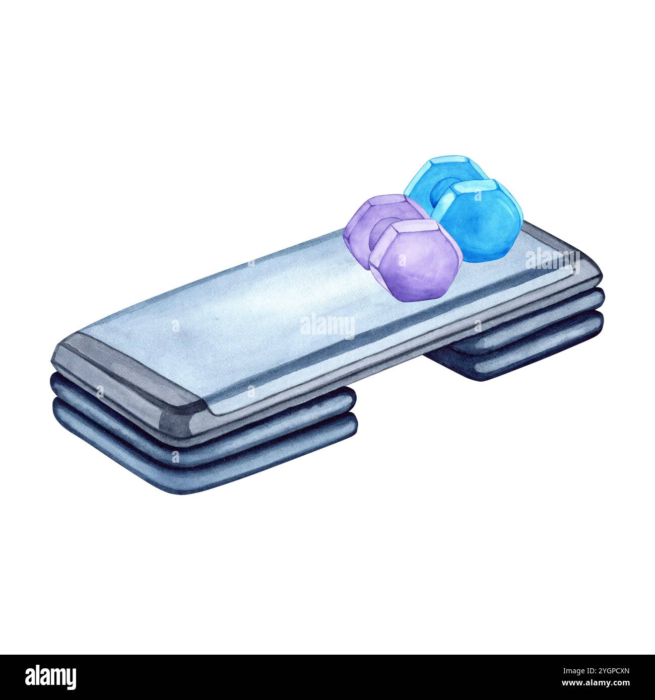 Watercolor illustration of aerobic step and dumbbells. The drawing is ...