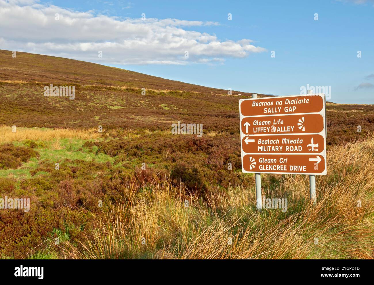 Ireland County Wicklow mountains Sally Gap, road sign in Irish Gaelic ...