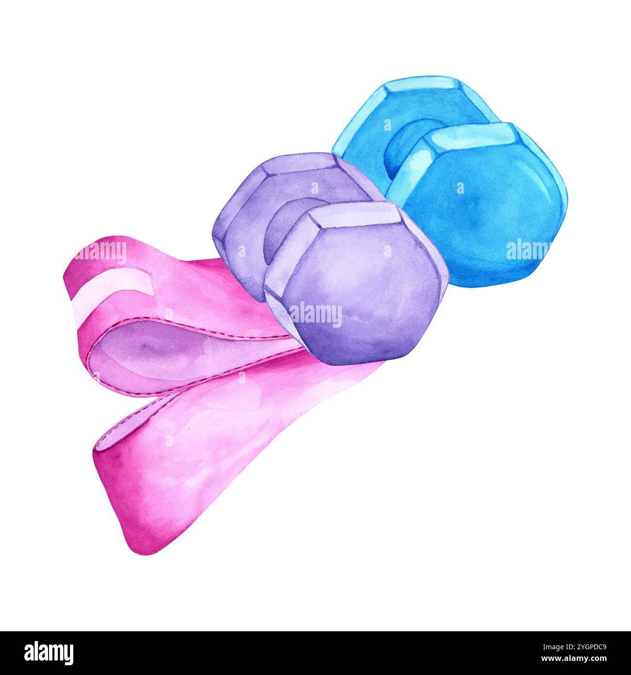 Watercolor illustration of dumbbells and elastic band. The drawing is ...