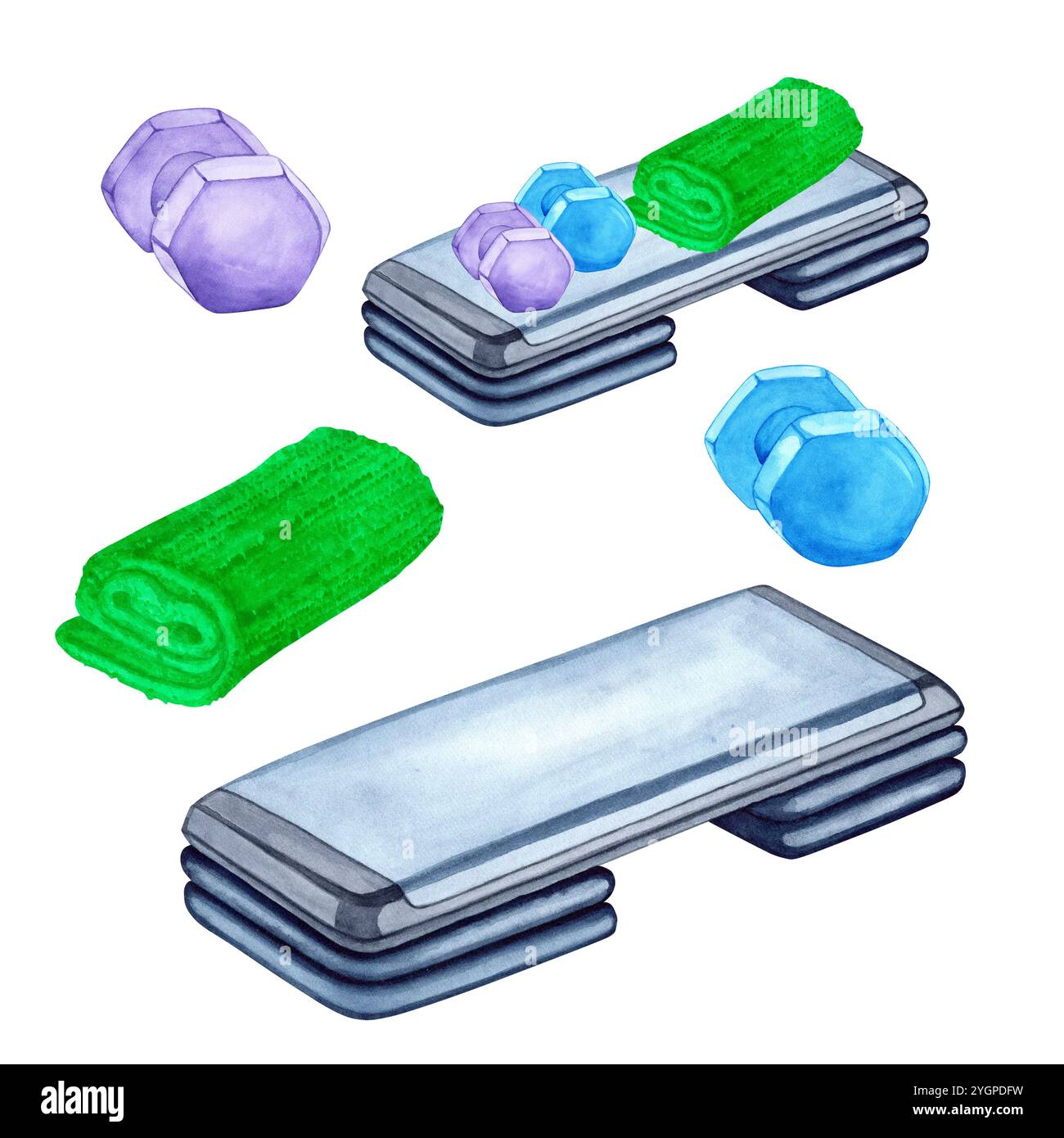Watercolor illustration of aerobic step, towel and dumbbells. Hand ...