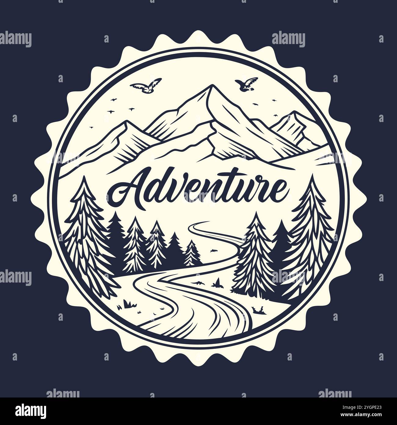 Vintage outdoor adventure label design with mountains, forest, and road ...