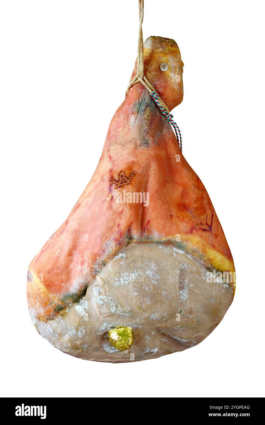 raw ham hanging on a rope with white background Stock Photo - Alamy