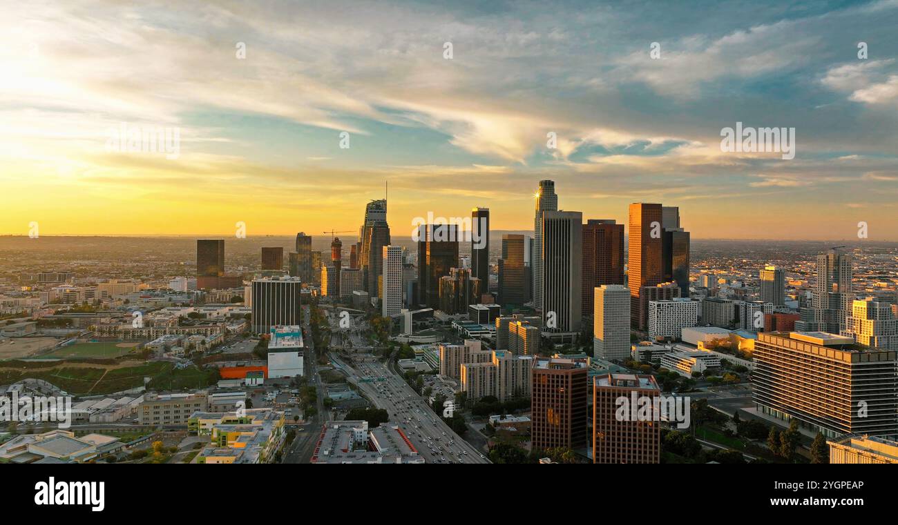 Los angeles aerial view, flying with drone. City of Los Angeles ...