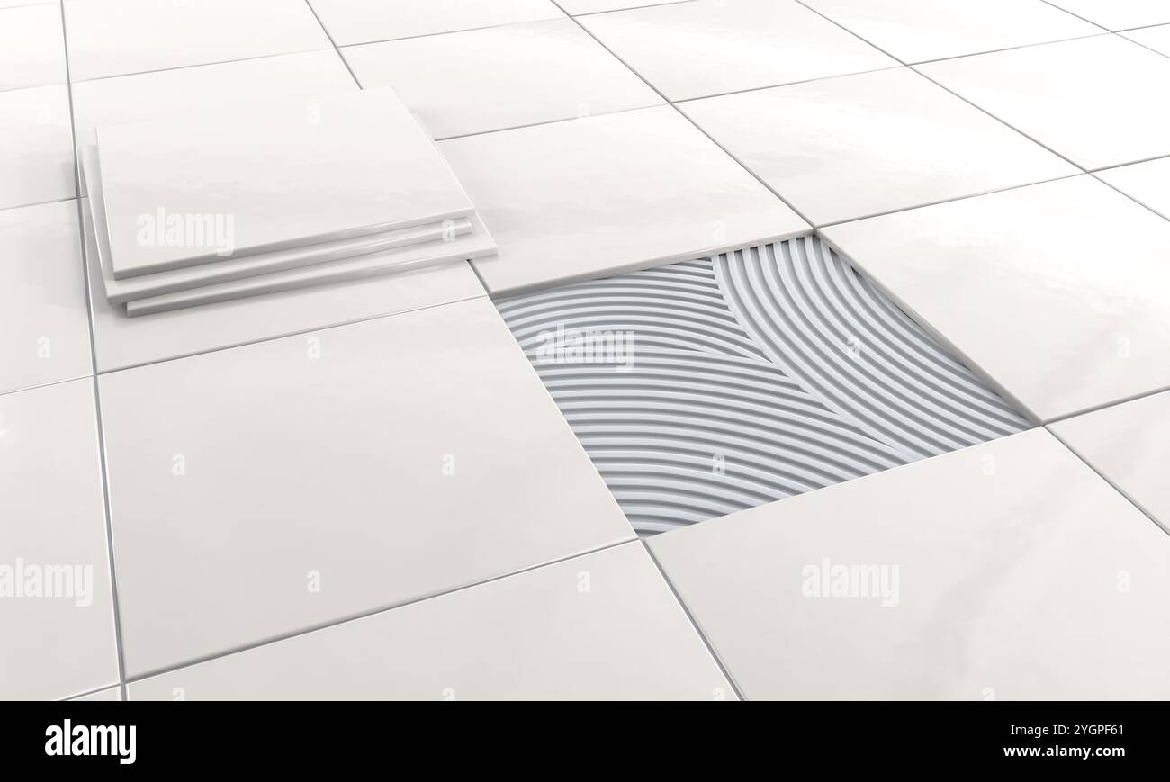 Applying white ceramic tiles with glue on floor 3d Stock Photo - Alamy
