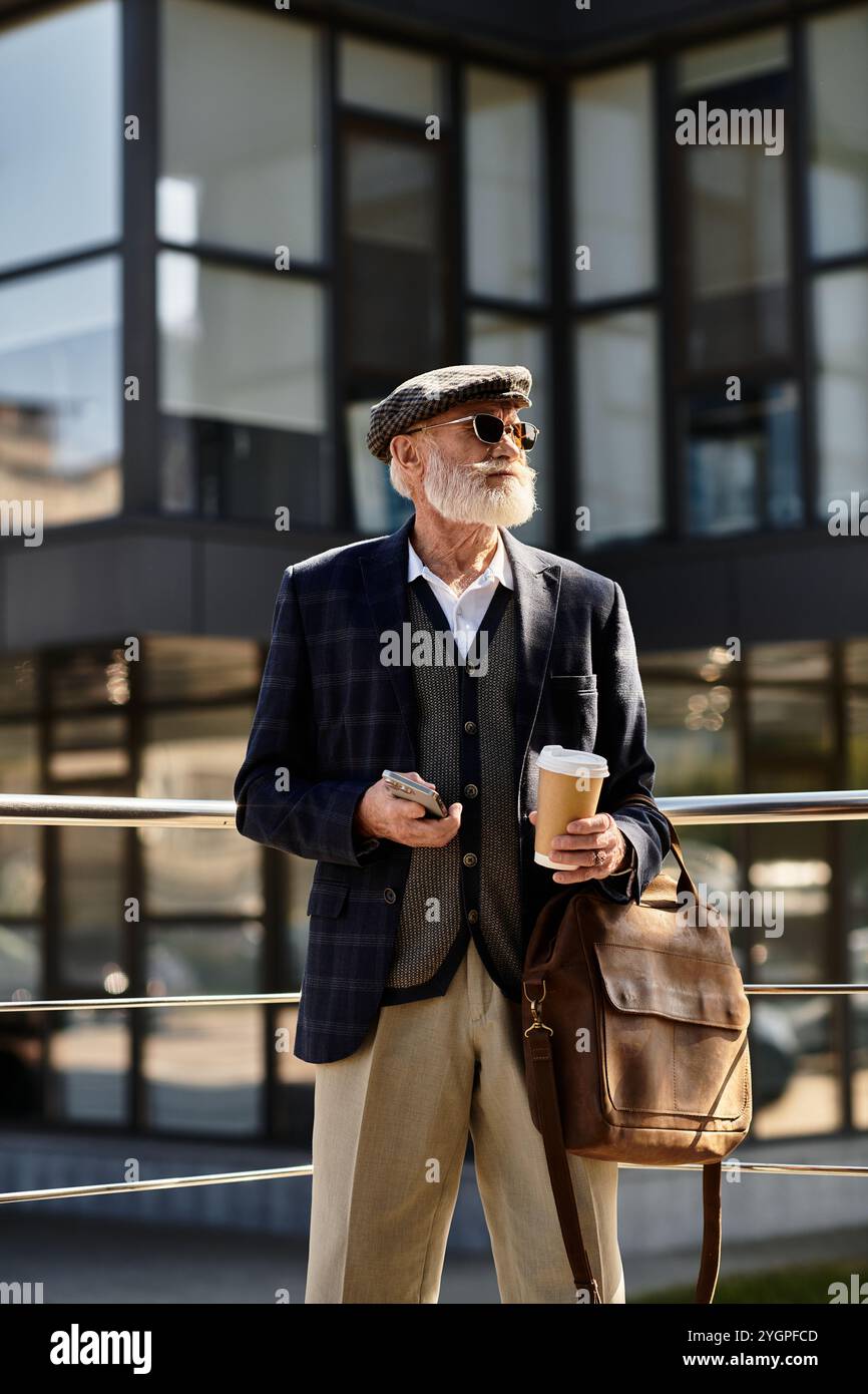 A distinguished senior man stands confidently near a contemporary ...