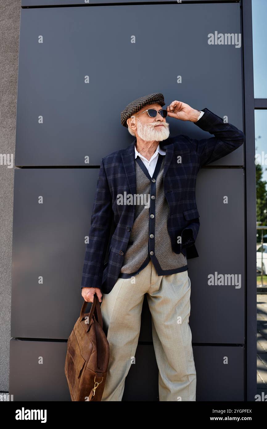 A fashionable senior man poses confidently in a checkered blazer and ...