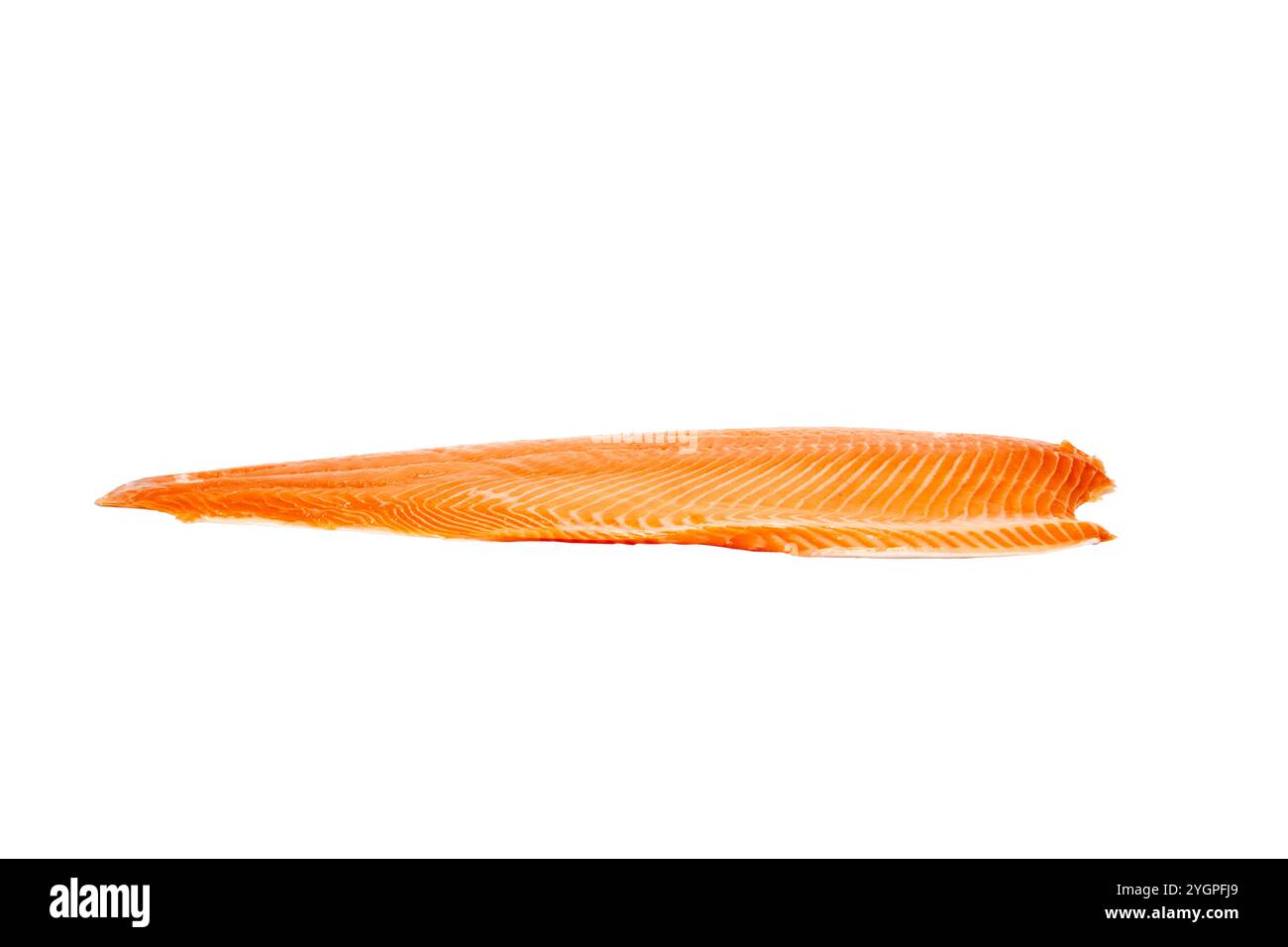 A long piece of salmon fillet is shown on a white background. The ...