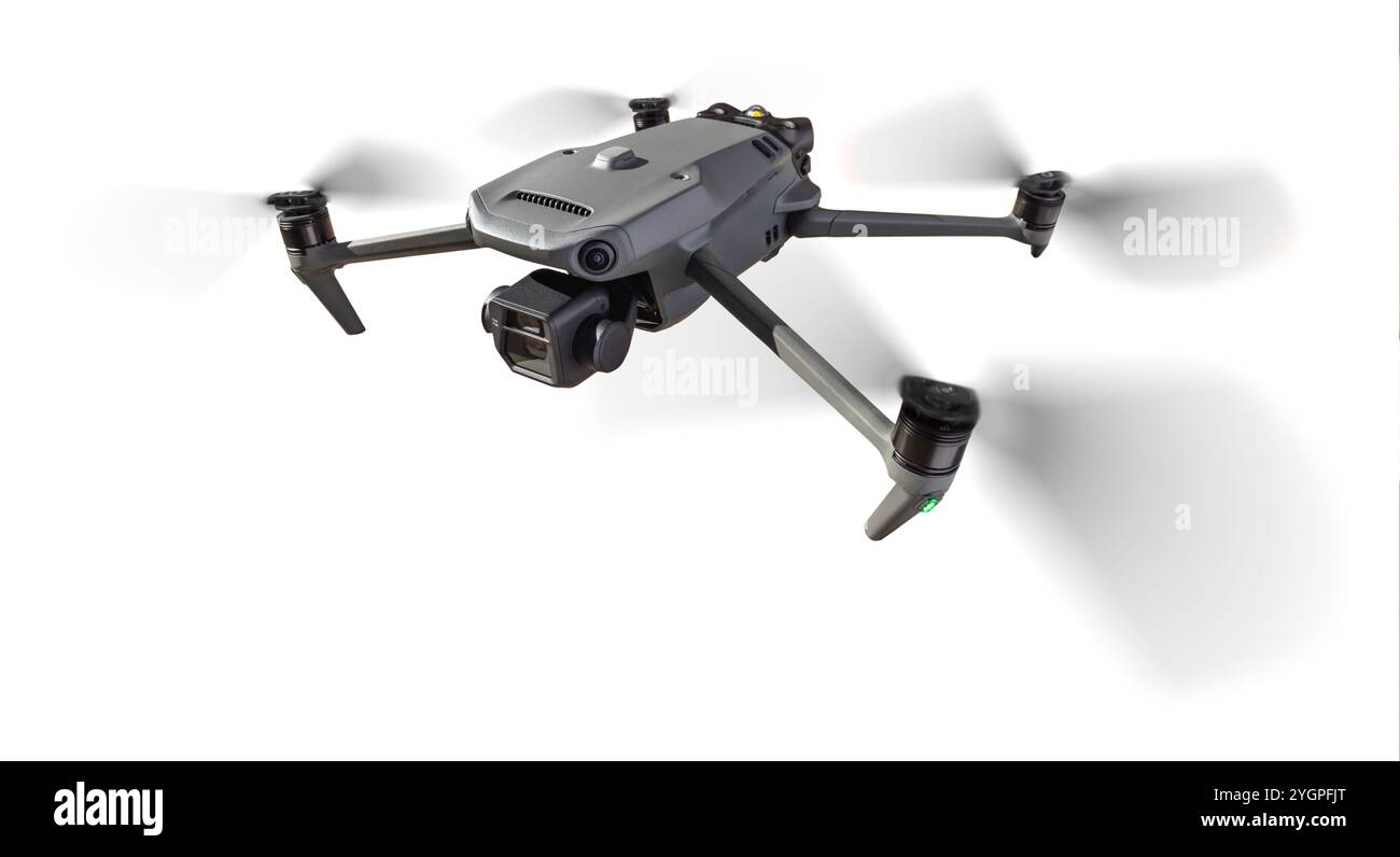 Front View of a Drone Quadcopter UAV In Flight Isolated on a White ...