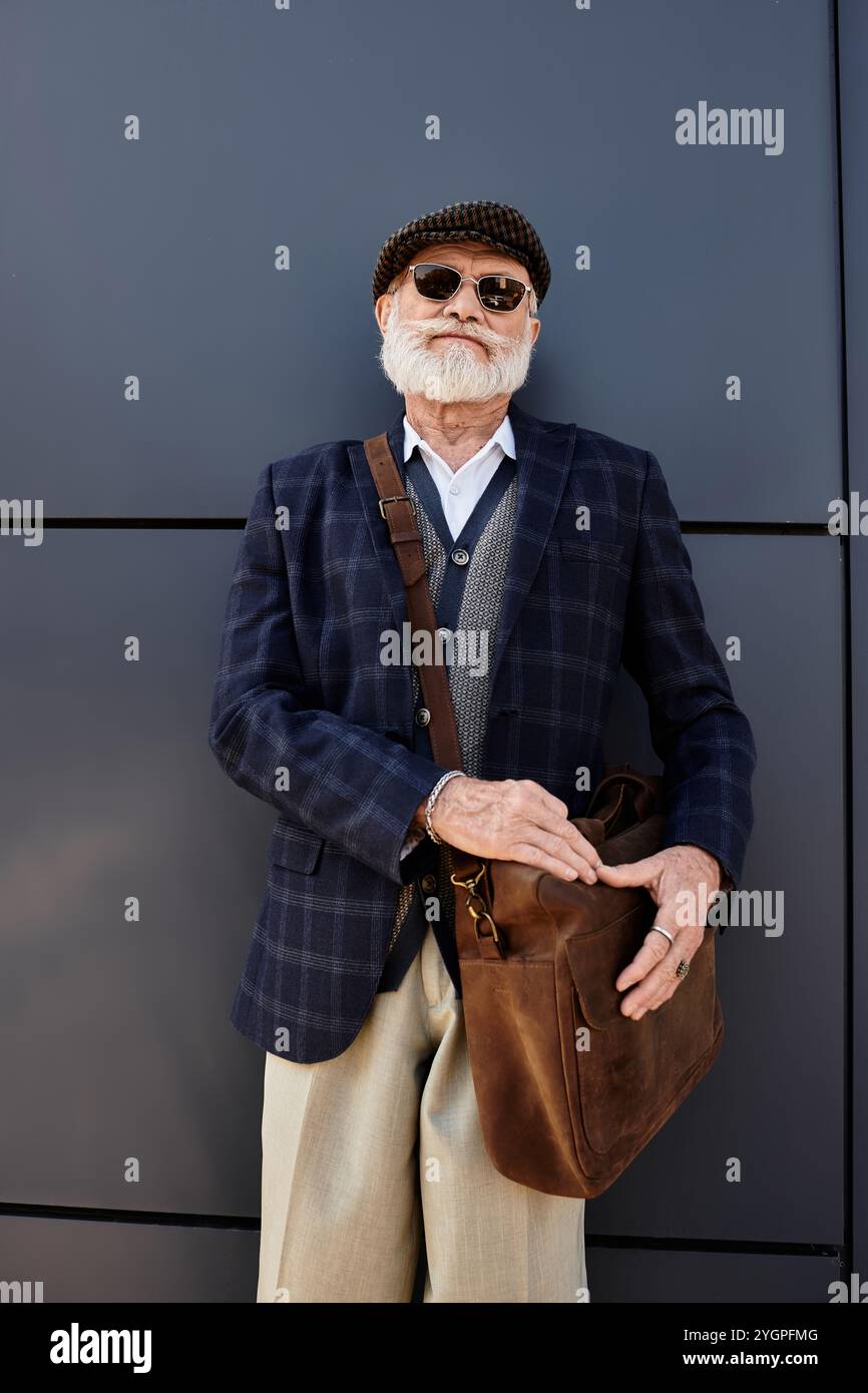 A fashionable senior man with a beard stands near a sleek building ...