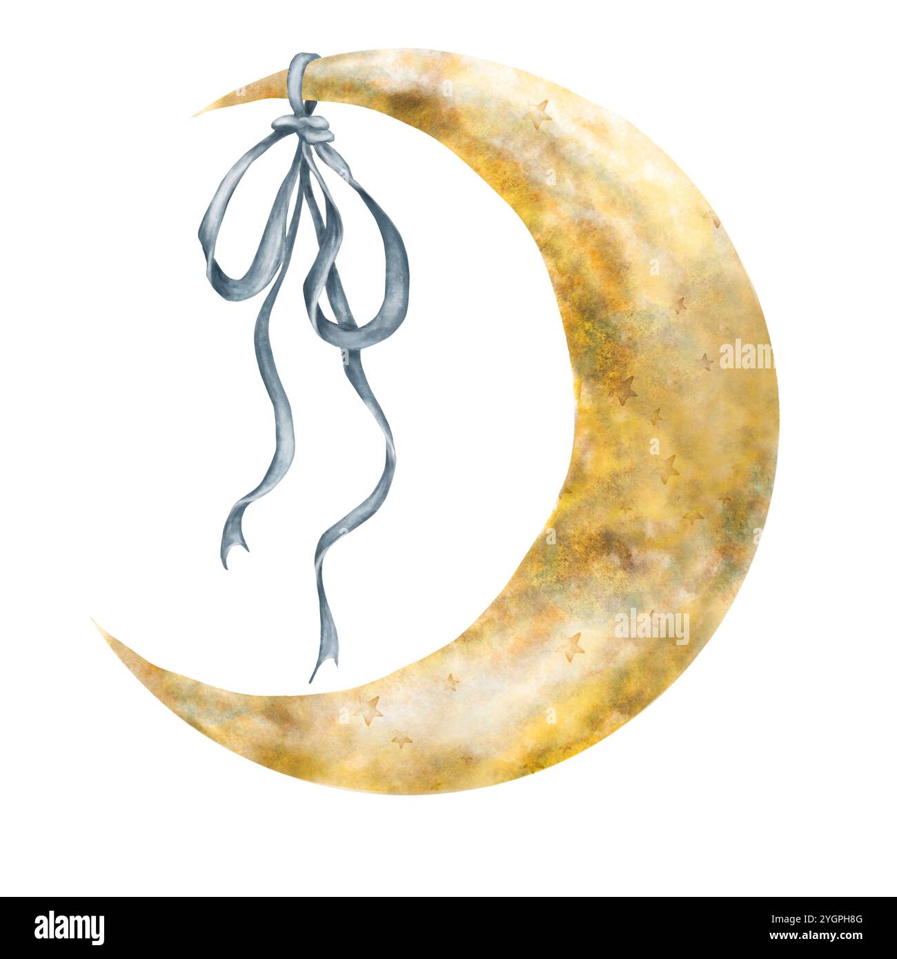 A crescent moon with a beautiful bow. Watercolor illustration of a ...