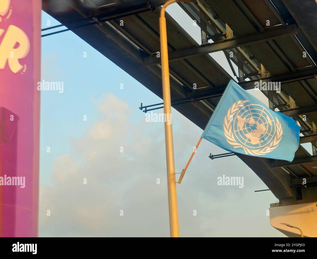 Cairo, Egypt, November 4 2024: United Nations flag, a sky blue banner ...
