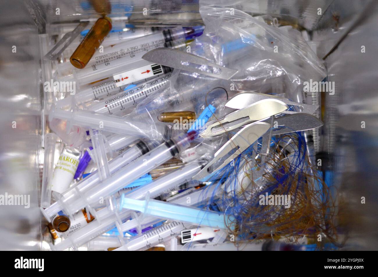 Cairo, Egypt, October 19 2024: medical waste of sharp needles, syringes ...
