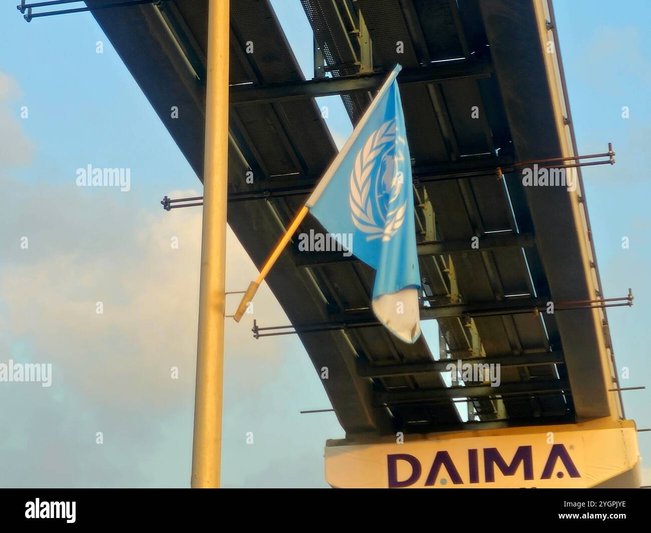 Cairo, Egypt, November 4 2024: United Nations flag, a sky blue banner ...